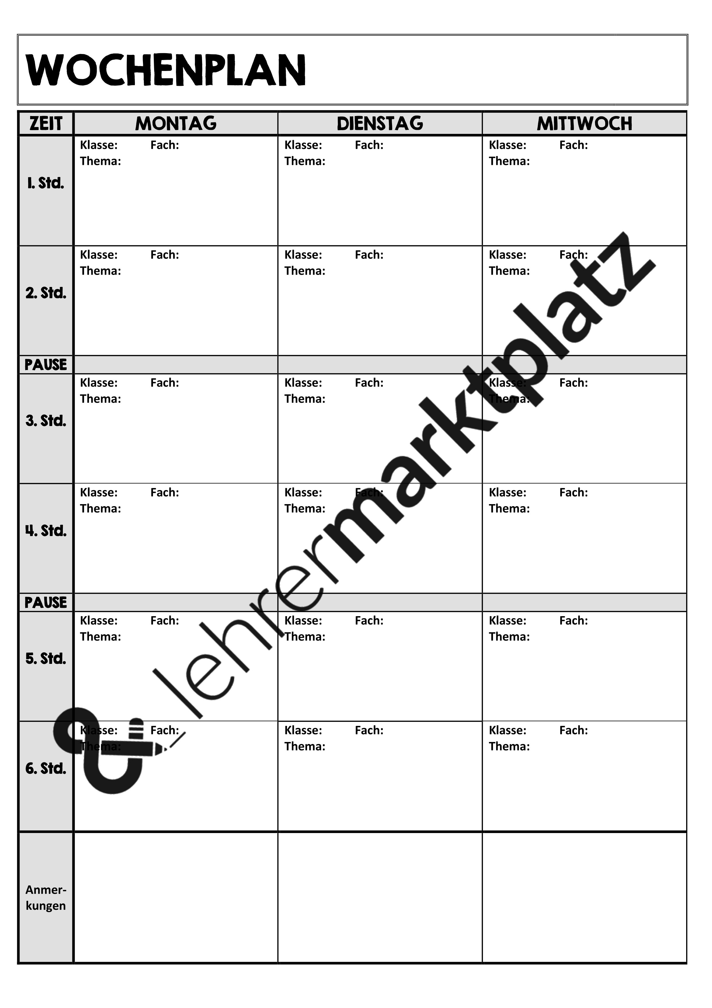 Wochenplan zur Erleichterung der Unterrichtsplanung - DIY Lehrerplaner ...