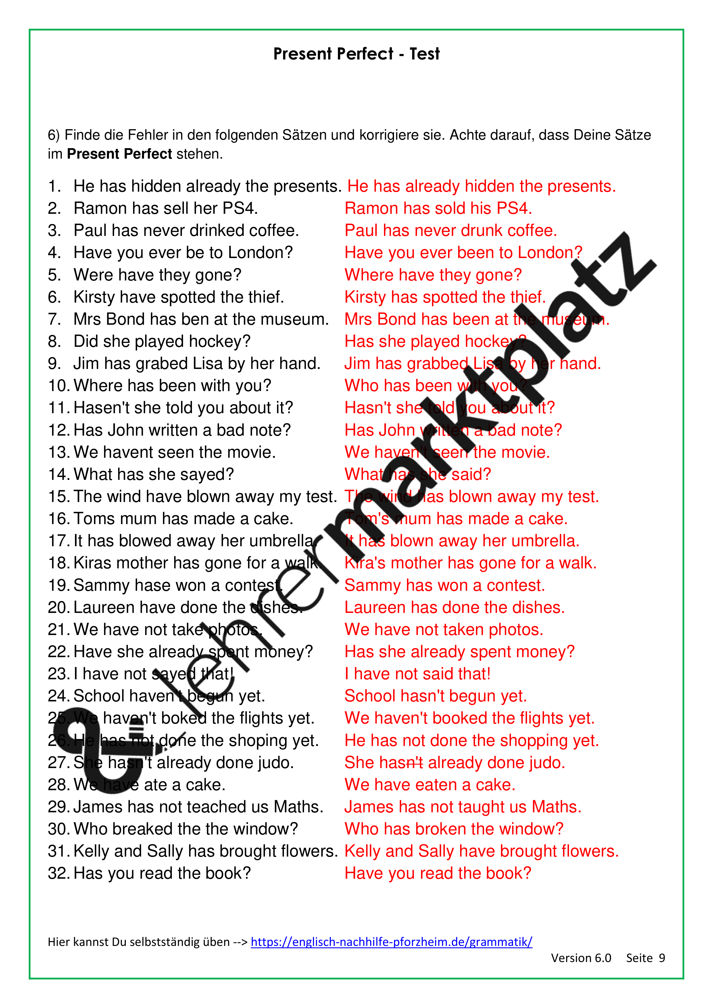 Present Perfect Test mit Lösungen - PDF und Docx – Unterrichtsmaterial ...